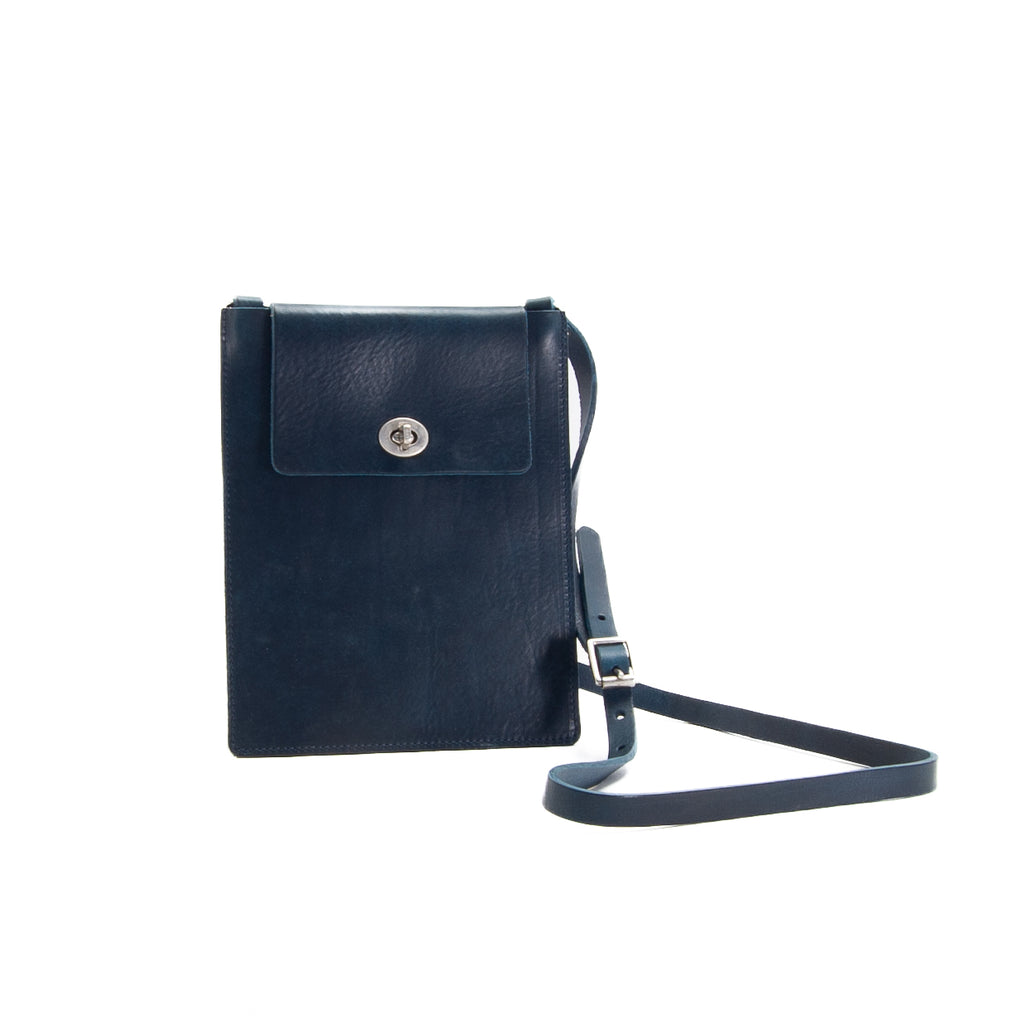 Flat Navy Leather Turnlock Bag | Handmade Leather Crossbody Bag ...