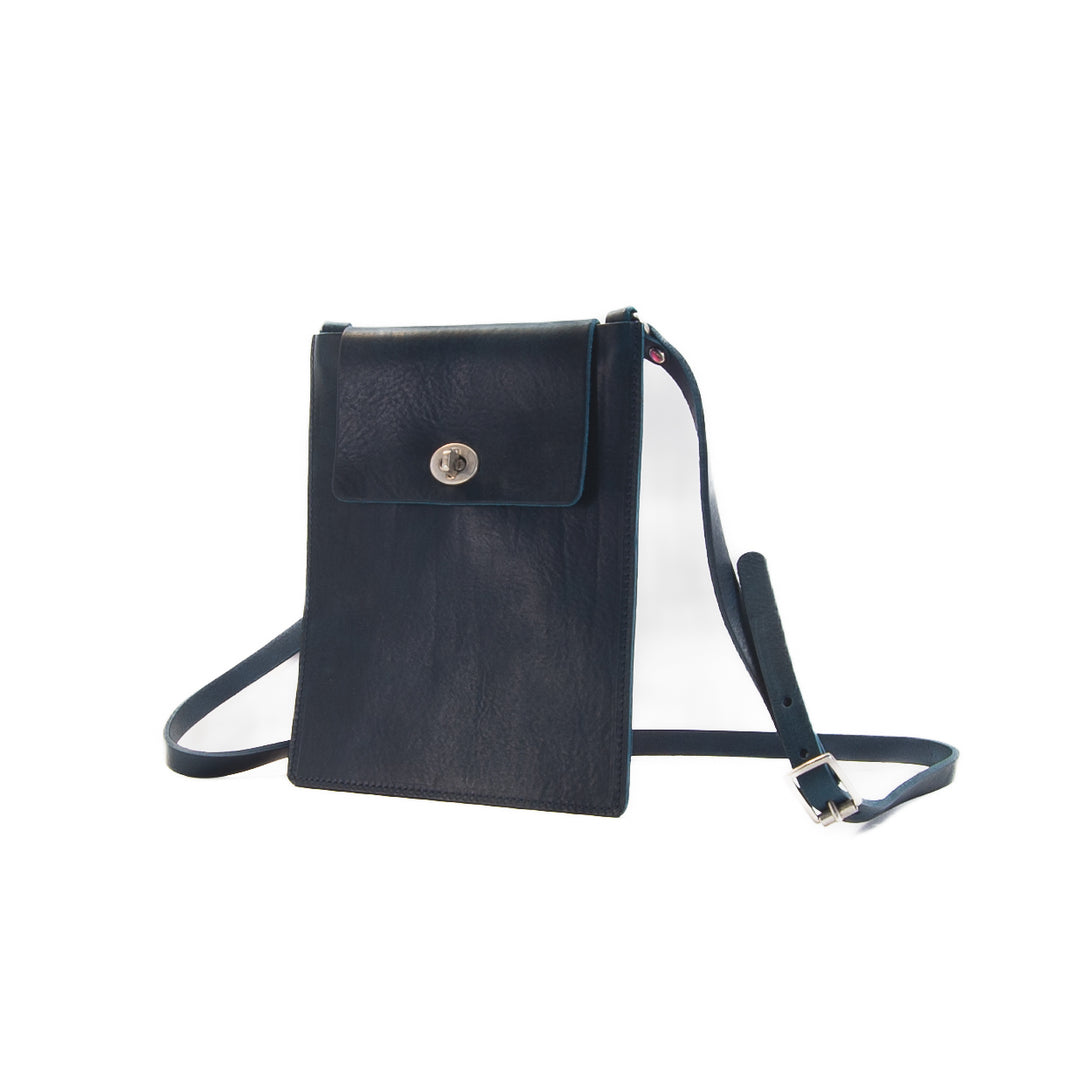 Flat Navy Leather Turnlock Bag | Handmade Leather Crossbody Bag ...